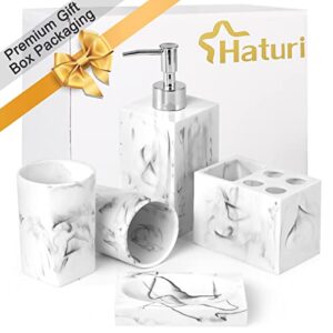 Haturi Bathroom Accessories Set, 5 Pcs Marble Look Bathroom Sets Soap Dispenser & Toothbrush Holder Set, Counter Top Restroom Apartment Decor Stuff, Resin Kits, Gift for Women and Men, Ink White