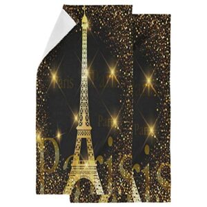 naanle chic gold glittering eiffel tower paris print luxury 2 piece soft fluffy guest decor hand towels, multipurpose for bathroom, hotel, gym and spa (14" x 28",black)