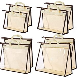 8 Pack Dust Bags for Handbags, Clear Handbag Storage, Purse Storage Organizer for Closet, Purse Cover Hanging Closet Organizer with Zipper, Handles and Purse Hook, Beige