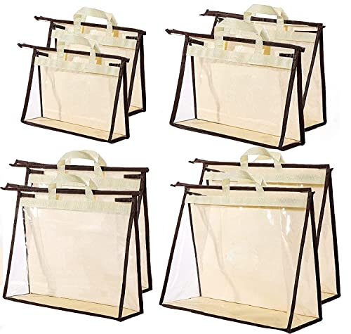 8 Pack Dust Bags for Handbags, Clear Handbag Storage, Purse Storage Organizer for Closet, Purse Cover Hanging Closet Organizer with Zipper, Handles and Purse Hook, Beige