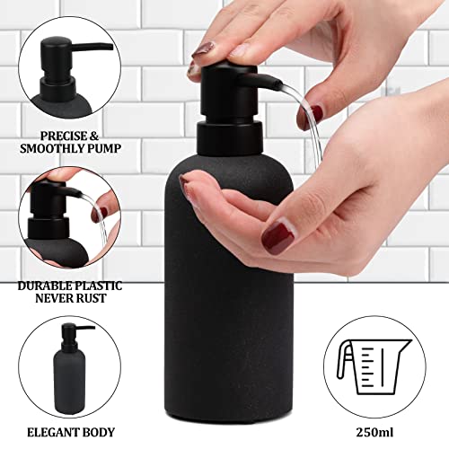 TAUVLL Bathroom Accessory Set-4 Pcs Complete Resin Bathroom Counter Vanity Accessories Sets Vanity Tray Lotion Dispenser/Soap Pump Toothbrush Holder Soap Dish-Matte Black Sandstone Modern Decor