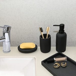 TAUVLL Bathroom Accessory Set-4 Pcs Complete Resin Bathroom Counter Vanity Accessories Sets Vanity Tray Lotion Dispenser/Soap Pump Toothbrush Holder Soap Dish-Matte Black Sandstone Modern Decor