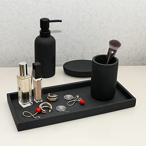 TAUVLL Bathroom Accessory Set-4 Pcs Complete Resin Bathroom Counter Vanity Accessories Sets Vanity Tray Lotion Dispenser/Soap Pump Toothbrush Holder Soap Dish-Matte Black Sandstone Modern Decor