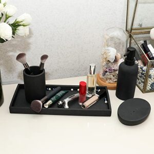 TAUVLL Bathroom Accessory Set-4 Pcs Complete Resin Bathroom Counter Vanity Accessories Sets Vanity Tray Lotion Dispenser/Soap Pump Toothbrush Holder Soap Dish-Matte Black Sandstone Modern Decor