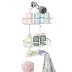 shower caddy over shower head, hanging shower caddy, rustproof shower organizer with hooks for razor/sponge, over the shower head caddy with soap basket (silver))