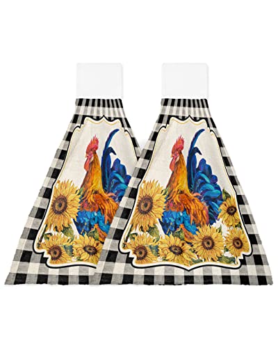 MUSEDAY Hand Towels for Bathroom Kitchen Farm Rooster with Sunflower Black Buffalo Plaid American Country Style Decorative Hanging Hand Towels Set Soft Tea Bar Tie Towel Washcloth