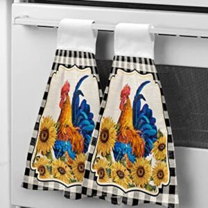 MUSEDAY Hand Towels for Bathroom Kitchen Farm Rooster with Sunflower Black Buffalo Plaid American Country Style Decorative Hanging Hand Towels Set Soft Tea Bar Tie Towel Washcloth