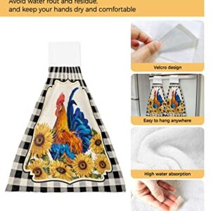 MUSEDAY Hand Towels for Bathroom Kitchen Farm Rooster with Sunflower Black Buffalo Plaid American Country Style Decorative Hanging Hand Towels Set Soft Tea Bar Tie Towel Washcloth