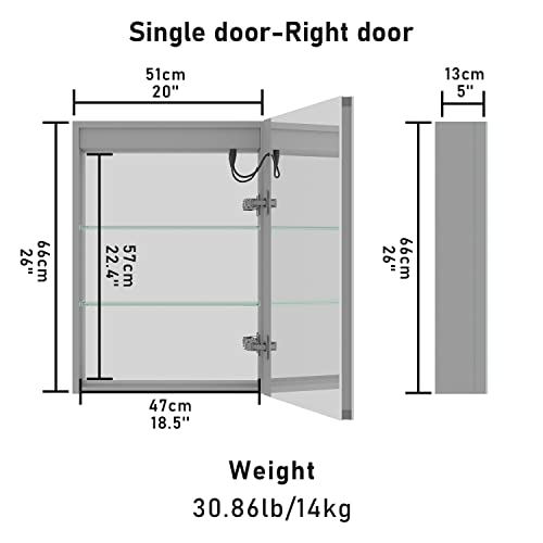 MIRPLUS 26x20 inch Bathroom Medicine Cabinet with LED Mirror, Anti-Fog, Waterproof, 6000K Single Door Lighted Bathroom Cabinet with Touch Swich, Recessed or Surface Mount (Right Door)