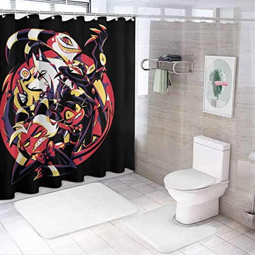 Woodyotime Anime Shower Curtain Sets 4 Piece Bathroom Set Shower Curtain Non-Slip Rugs Toilet Lid Cover Bath Mat Bathroom Decor