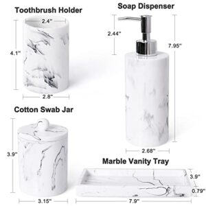 Haturi Bathroom Accessory Set, 4 Pcs Marble Look Bathroom Accessories Sets Complete With Soap Dispenser, Toothbrush Holder, Apothecary Jar, Tray, Home Apartment Modern Bathroom Decor Vanity Countertop