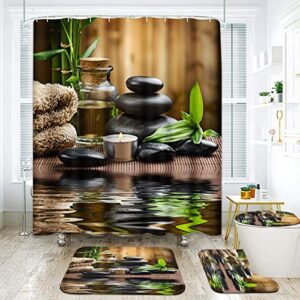 artsocket 4 pcs shower curtain set stones spa oil wood massage relax candle ayurvedic water bamboo green with non-slip rugs toilet lid cover and bath mat bathroom decor set 72" x 72"