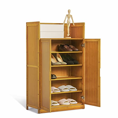 MoNiBloom 5 Tier Bamboo Shoe Cabinet, Free Standing Shoe Shelf Organizer Storage with Doors & High Baffle for 11-15 Pairs Home Entryway Hallway Office Bedroom, Brown