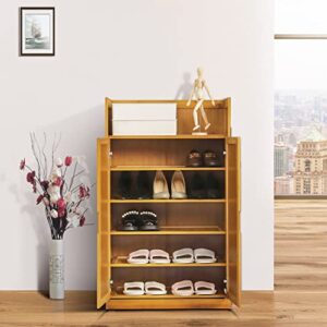 MoNiBloom 5 Tier Bamboo Shoe Cabinet, Free Standing Shoe Shelf Organizer Storage with Doors & High Baffle for 11-15 Pairs Home Entryway Hallway Office Bedroom, Brown