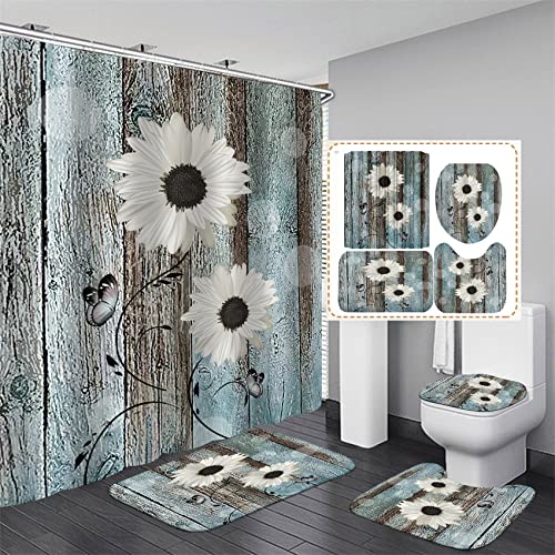 AZHM White Daisy Flower Shower Curtain Sets with Rugs 4 Piece Rustic Flower Floral Wood Panel Bathroom Decor Set with Non-Slip Rugs Toilet Lid Cover and Bath Mat Farmhouse Bathroom Shower Set