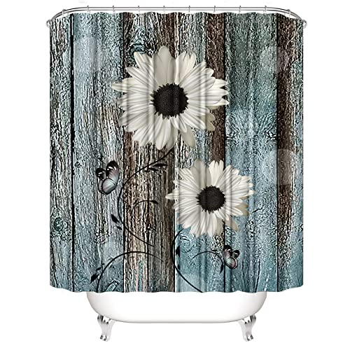 AZHM White Daisy Flower Shower Curtain Sets with Rugs 4 Piece Rustic Flower Floral Wood Panel Bathroom Decor Set with Non-Slip Rugs Toilet Lid Cover and Bath Mat Farmhouse Bathroom Shower Set