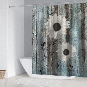 AZHM White Daisy Flower Shower Curtain Sets with Rugs 4 Piece Rustic Flower Floral Wood Panel Bathroom Decor Set with Non-Slip Rugs Toilet Lid Cover and Bath Mat Farmhouse Bathroom Shower Set