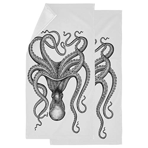 Naanle Chic Octopus Engraving Print Luxury 2 Piece Soft Fluffy Guest Decor Hand Towels, Multipurpose for Bathroom, Hotel, Gym and Spa (14" x 28",Black White)