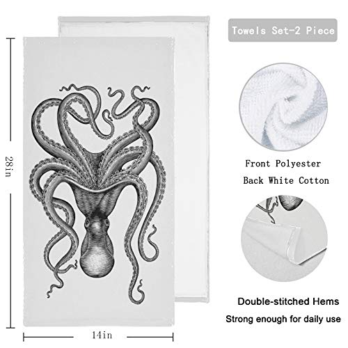 Naanle Chic Octopus Engraving Print Luxury 2 Piece Soft Fluffy Guest Decor Hand Towels, Multipurpose for Bathroom, Hotel, Gym and Spa (14" x 28",Black White)