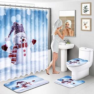 Christmas Shower Curtain Sets with Non-Slip Rugs and Toilet Lid Cover,Xmas Winter Snowman Bath for Bathroom 4 Piece Set with 12 Metal Hooks, Waterproof Bathroom Fabric ,72x72 inch