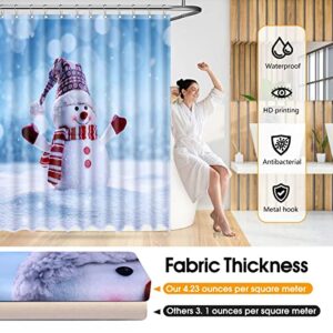 Christmas Shower Curtain Sets with Non-Slip Rugs and Toilet Lid Cover,Xmas Winter Snowman Bath for Bathroom 4 Piece Set with 12 Metal Hooks, Waterproof Bathroom Fabric ,72x72 inch