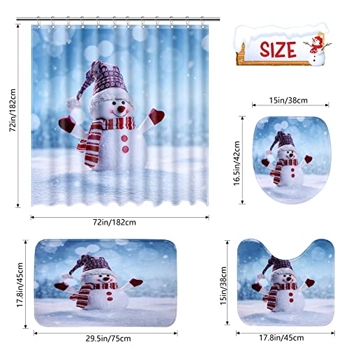 Christmas Shower Curtain Sets with Non-Slip Rugs and Toilet Lid Cover,Xmas Winter Snowman Bath for Bathroom 4 Piece Set with 12 Metal Hooks, Waterproof Bathroom Fabric ,72x72 inch