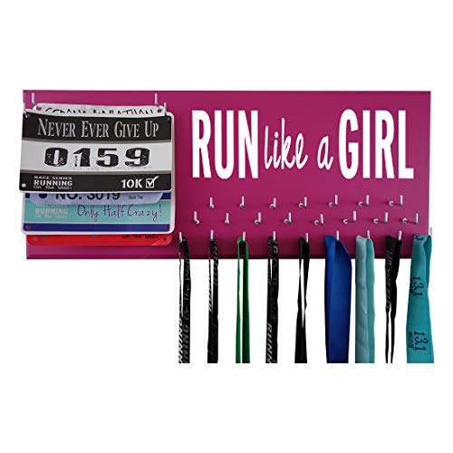 Running On The Wall - Race Bib and Medal Display Rack- Wall Mounted Sports Medal Holder and Hanger for 5K, 10K and Marathons Runners - Run Like A Girl