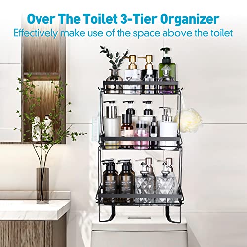 POKIPO Over The Toilet Storage Shelf, 3-Tier Bathroom Shelves Over Toilet, Drilling Wall Mounted Above Toilet Organizer, Removable Toilet Rack for Paper, Towels, Shampoos, Space Saver Decor, Black