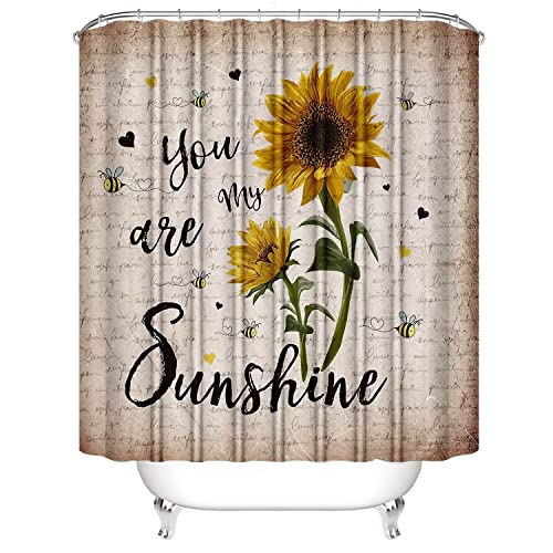 AZHM Sunflower Shower Curtain Sets with Rugs 4PCS You are My Sunshine Bathroom Decor Set Waterproof Shower Curtain Non-Slip Rugs Toilet Rugs Bath Mats Bathroom Curtains Shower Set with 12 Hooks