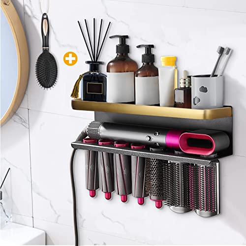 Yimerlen Airwrap Storage Holder Compatible with Dyson Airwrap Curling Iron Wall Mount Storage Rack Holder for Bathroom Attachments Organizer (Black/Gold, with Air Cushion Comb)