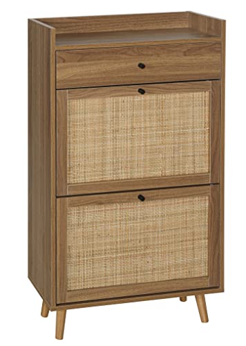 Pvillez Shoe Storage with Flip Drawers & Open Shelves,NaturalRattan Shoe Cabinets,Shoe Organizer RackWooden Shoe Organizer for Entryway/Bedroom/Living Room/Apartment,Free Standing