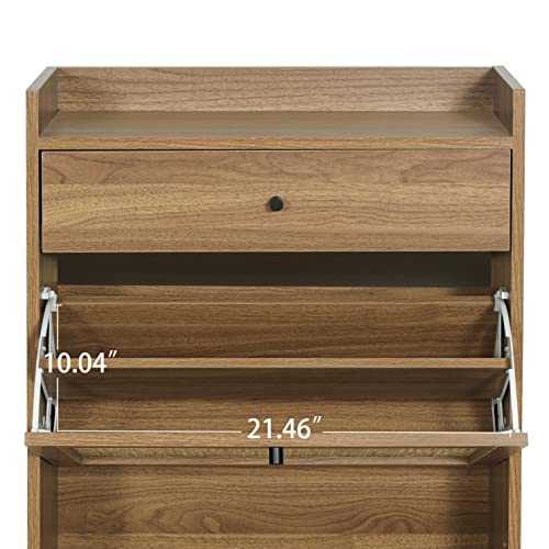 Pvillez Shoe Storage with Flip Drawers & Open Shelves,NaturalRattan Shoe Cabinets,Shoe Organizer RackWooden Shoe Organizer for Entryway/Bedroom/Living Room/Apartment,Free Standing