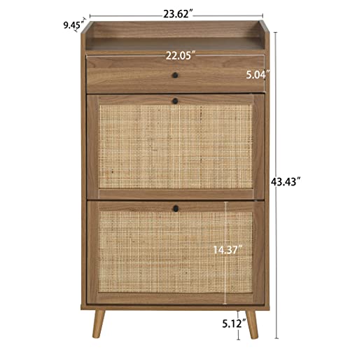 Pvillez Shoe Storage with Flip Drawers & Open Shelves,NaturalRattan Shoe Cabinets,Shoe Organizer RackWooden Shoe Organizer for Entryway/Bedroom/Living Room/Apartment,Free Standing