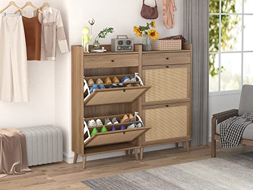 Pvillez Shoe Storage with Flip Drawers & Open Shelves,NaturalRattan Shoe Cabinets,Shoe Organizer RackWooden Shoe Organizer for Entryway/Bedroom/Living Room/Apartment,Free Standing