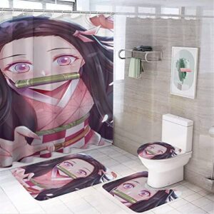 ffis anime 𝐃𝐞.𝐌𝐨𝐧 𝐒𝐥𝐚.𝐘𝐞𝐫 𝐍𝐞𝐳𝐮.𝐊𝐨 bathroom shower curtain set, 4 piece bathroom with waterproof shower curtain and non slip shower mat & toilet lid cover mat u carpet