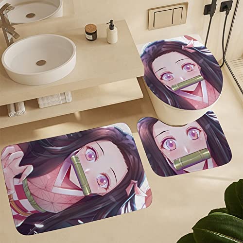 FFIS Anime 𝐃𝐞.𝐌𝐨𝐧 𝐒𝐥𝐚.𝐘𝐞𝐫 𝐍𝐞𝐳𝐮.𝐊𝐨 Bathroom Shower Curtain Set, 4 Piece Bathroom with Waterproof Shower Curtain and Non Slip Shower Mat & Toilet Lid Cover Mat U Carpet