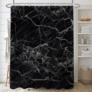 Black Marble Shower Curtain with Bath Rugs Sets, 4 Pcs Gray Marble Patterns Bathroom Décor with Toilet Seat Cover, Non-Slip Mats, Absorbent Pedestal Pads and Waterproof Shower Curtains + Hooks (Black)