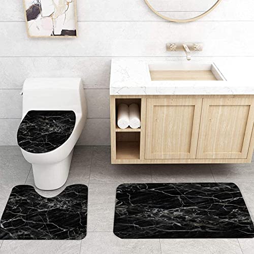 Black Marble Shower Curtain with Bath Rugs Sets, 4 Pcs Gray Marble Patterns Bathroom Décor with Toilet Seat Cover, Non-Slip Mats, Absorbent Pedestal Pads and Waterproof Shower Curtains + Hooks (Black)