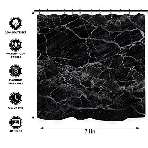 Black Marble Shower Curtain with Bath Rugs Sets, 4 Pcs Gray Marble Patterns Bathroom Décor with Toilet Seat Cover, Non-Slip Mats, Absorbent Pedestal Pads and Waterproof Shower Curtains + Hooks (Black)