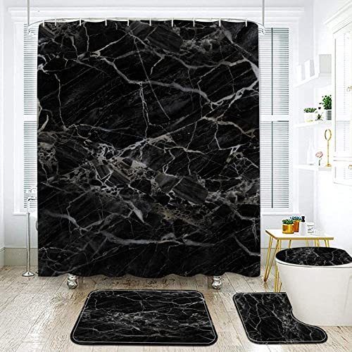 Black Marble Shower Curtain with Bath Rugs Sets, 4 Pcs Gray Marble Patterns Bathroom Décor with Toilet Seat Cover, Non-Slip Mats, Absorbent Pedestal Pads and Waterproof Shower Curtains + Hooks (Black)