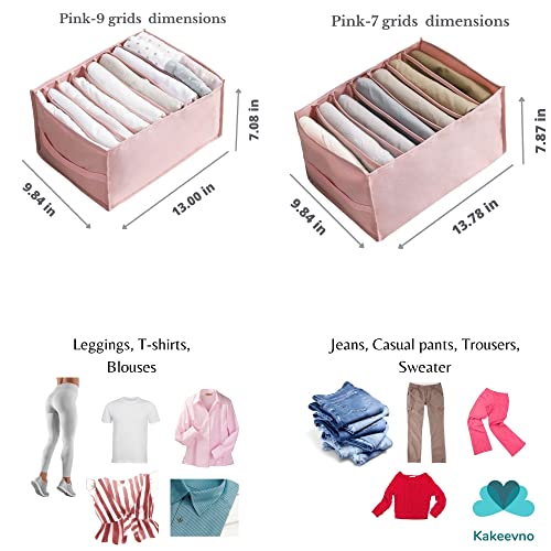 Kakeevno 2PCS Large Upgraded Washable Foldable Drawer Wardrobe Clothes Organizer Storage Compartment Organizer for Scarves, Leggings, Skirts, T-shirts, Jeans, Kids Clothes (9 Grids, Premium Pink)