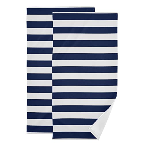 KLL Bathroom Hand Towels Set of 2 Navy Blue and White Stripes 14 x 28 Inches Soft Quality Decorative Bathroom Towel for Hand, Face, Hair, Tea, Dishcloth, Kitchen and Bath