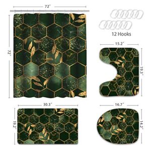 MitoVilla 4 Pcs Emerald Green Bathroom Sets with Shower Curtain and Rugs and Accessories, Modern Green Marble Bathroom Shower Curtain Sets with Rugs, Geometric Hunter Green Bathroom Decor Sets