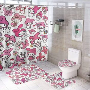 fmsnupz 4pcs anime shower curtain set, cute bathroom decor with non-slip rugs, toilet lid cover and bath mat, waterproof fabric shower curtains with 12 hooks, 70.8"x70.8"