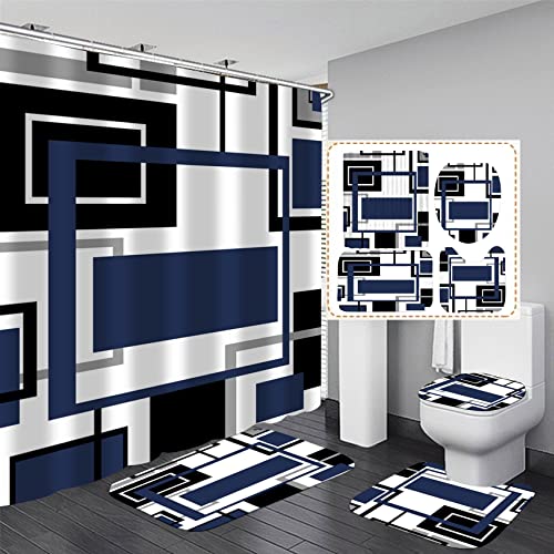 Yddsky 4 Pcs Blue Geometric Shower Curtain Sets Non-Slip Rugs Bath Mat, Toilet Cover, U-Shaped Mat, Abstract Geometric Modern Shower Curtain with 12 Hooks, Black and Blue Bathroom Set