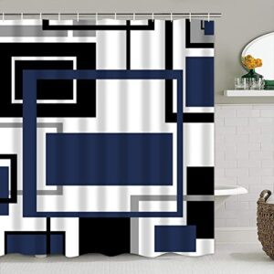 Yddsky 4 Pcs Blue Geometric Shower Curtain Sets Non-Slip Rugs Bath Mat, Toilet Cover, U-Shaped Mat, Abstract Geometric Modern Shower Curtain with 12 Hooks, Black and Blue Bathroom Set