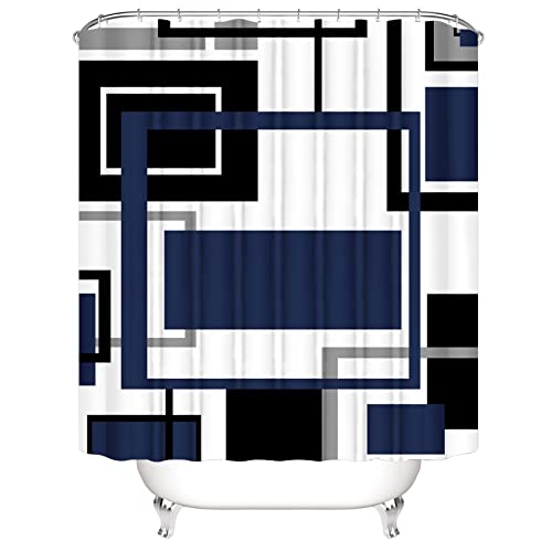 Yddsky 4 Pcs Blue Geometric Shower Curtain Sets Non-Slip Rugs Bath Mat, Toilet Cover, U-Shaped Mat, Abstract Geometric Modern Shower Curtain with 12 Hooks, Black and Blue Bathroom Set