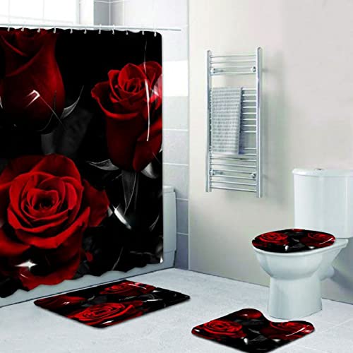 Jlong 4 Pcs Valentines Day Shower Curtain Set with Non-Slip Rugs, Toilet Lid Cover Bath Mat, Romantic Red Rose Shower Curtain with 12 Hooks, Waterproof Polyester Fabric Bathroom Decor Set