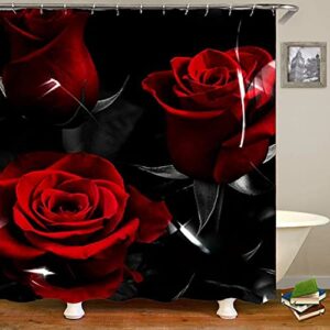 Jlong 4 Pcs Valentines Day Shower Curtain Set with Non-Slip Rugs, Toilet Lid Cover Bath Mat, Romantic Red Rose Shower Curtain with 12 Hooks, Waterproof Polyester Fabric Bathroom Decor Set