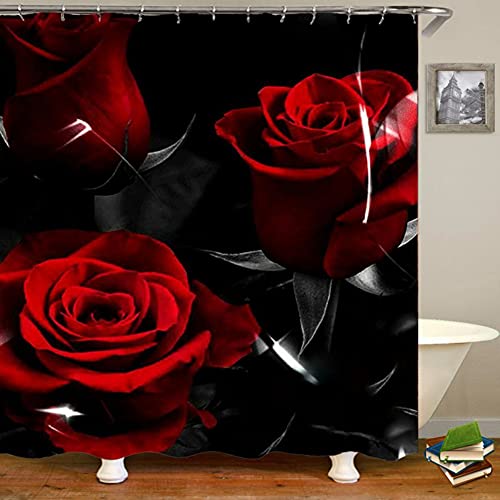 Jlong 4 Pcs Valentines Day Shower Curtain Set with Non-Slip Rugs, Toilet Lid Cover Bath Mat, Romantic Red Rose Shower Curtain with 12 Hooks, Waterproof Polyester Fabric Bathroom Decor Set